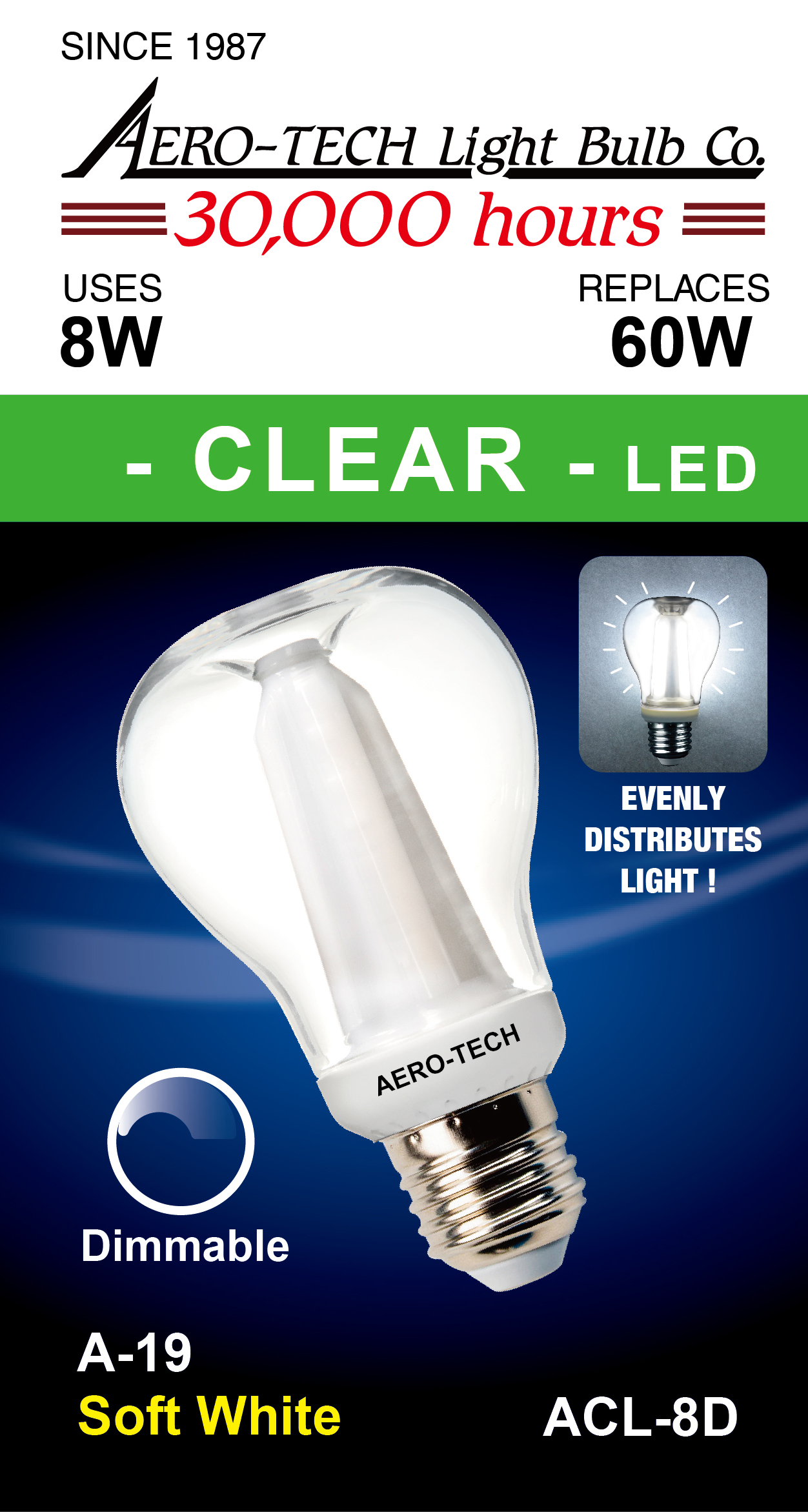 8W LED Light Bulb | Long Life | Full Beam Spread | Aero-Tech Light Bulb